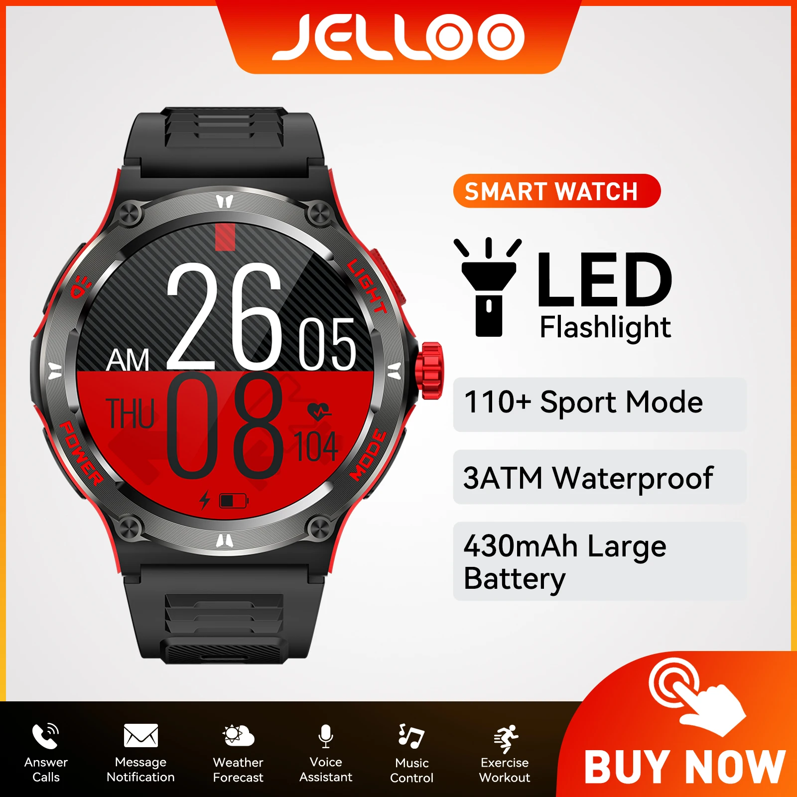 JELLOO New Smart Watch for Men with LED Flashlight Bluetooth Calling 1. ...