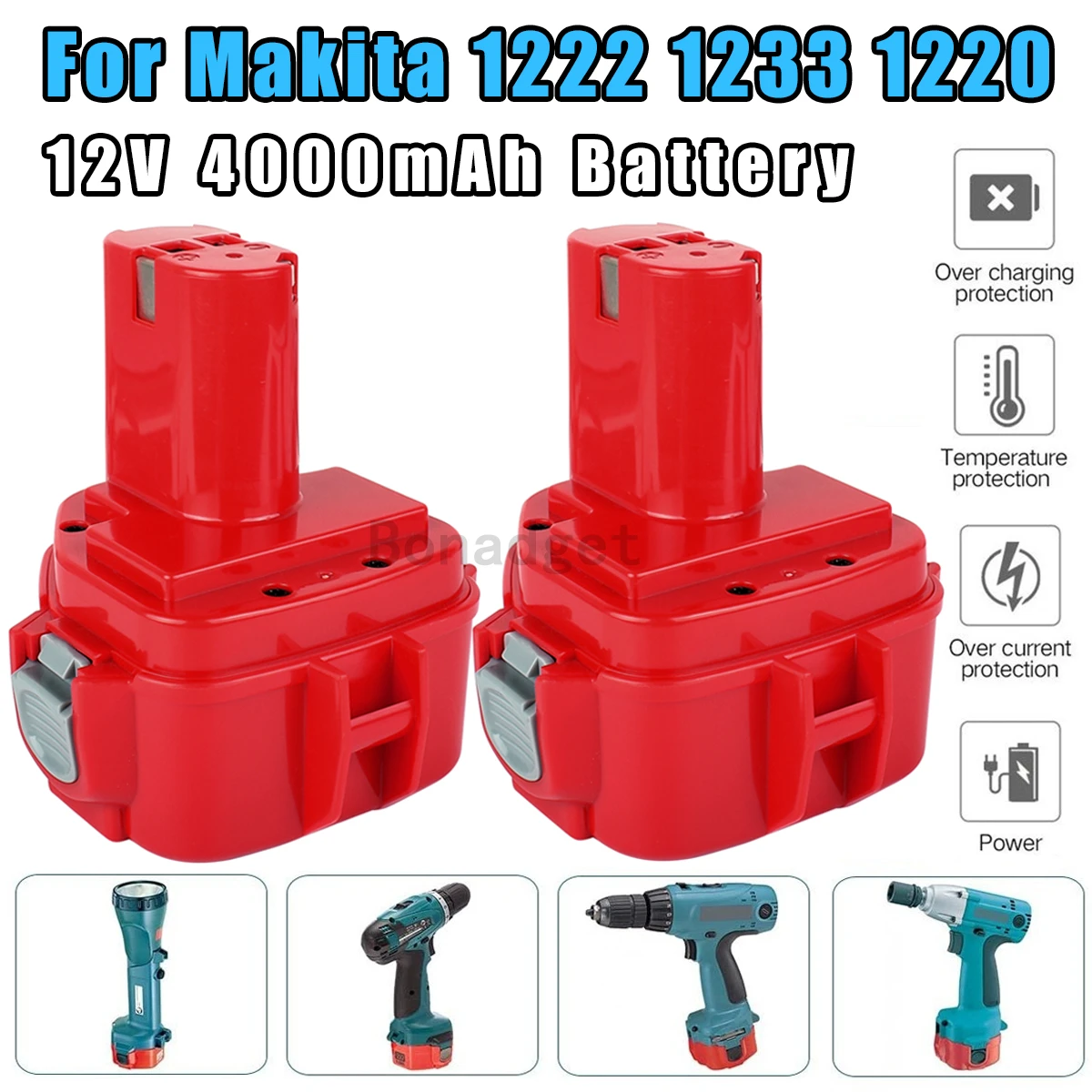Bonadget 12V 4000mAh For Makita PA12 Battery Ni Mh 1200 1220 1201 1222 1233SA/B1235 192681 5 ...