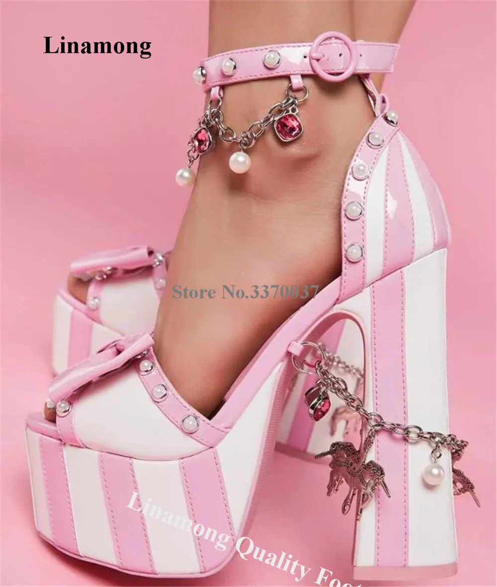 Linamong Cute Pink White Stripes Pearls Chunky Heel Sandals Butterfly ...