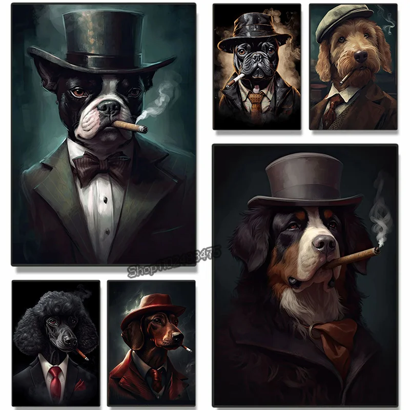 Vintage Dog Portraits Poster French Bulldog Pug Smoking A Cigar Print ...