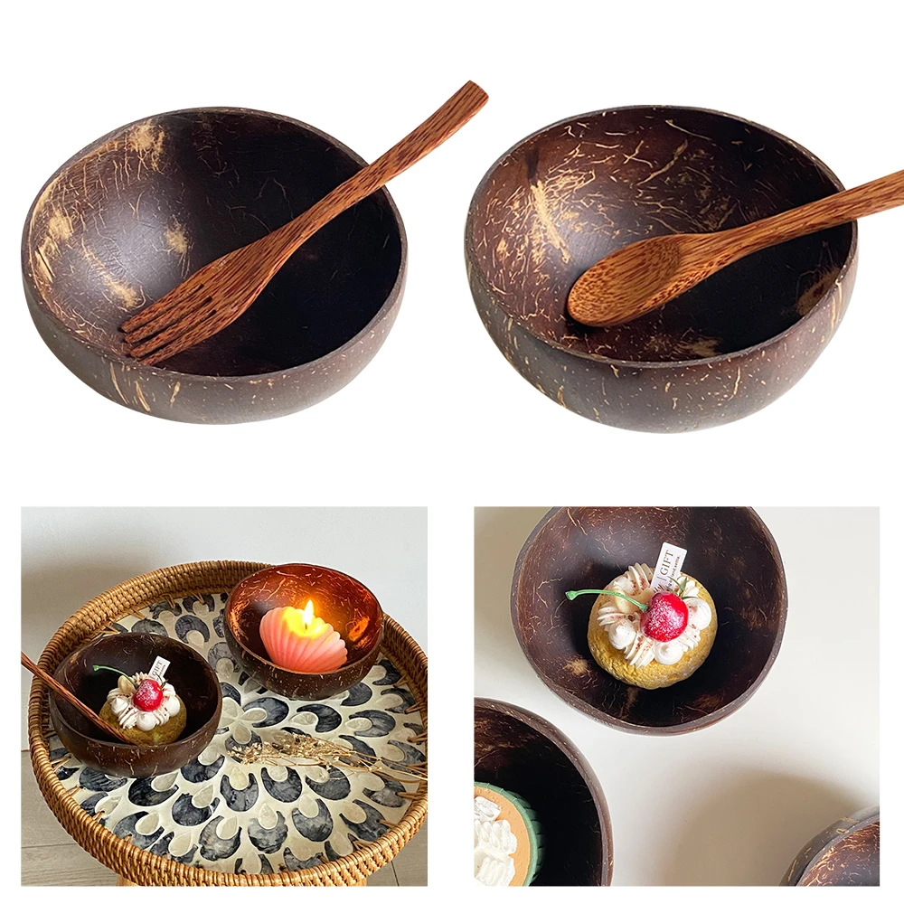 Natural Coconut Bowl Set Wooden Salad Ramen Bowl Coconut Wood Spoon Set ...