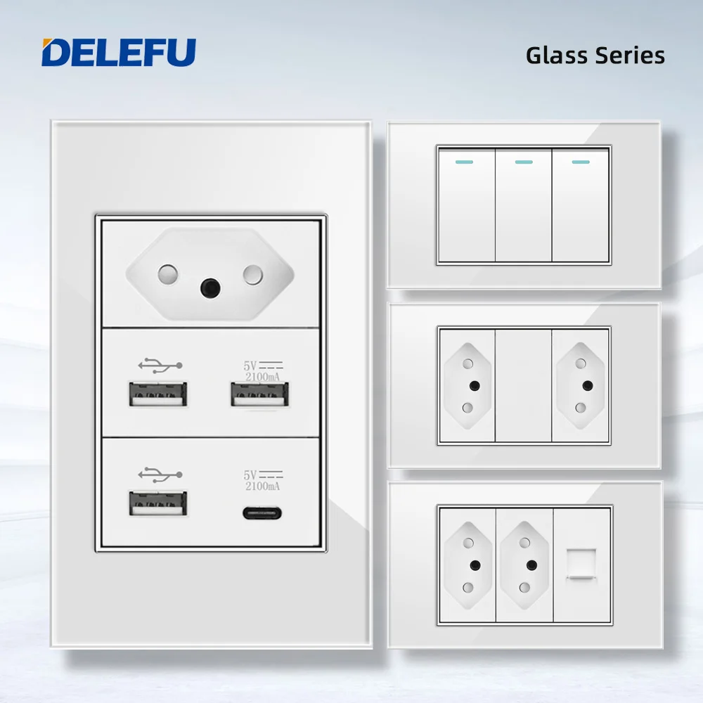 DELEFU-White-Tempered-Glass-Brazil-Wall-Socket-20A-Double-USB-Tomada ...