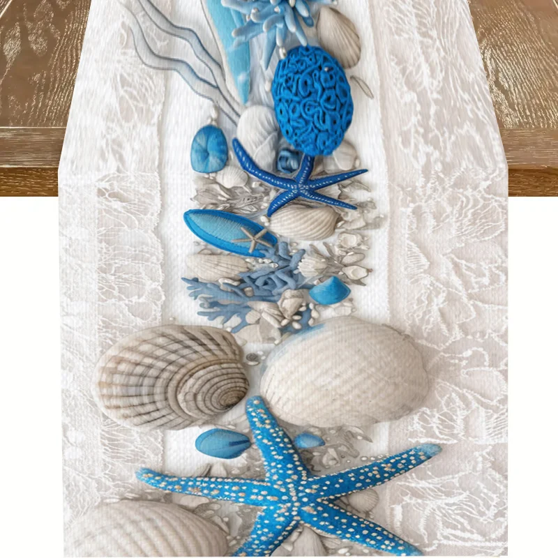 Camino de mesa con estampado de concha de estrella de mar azul, fondo ...