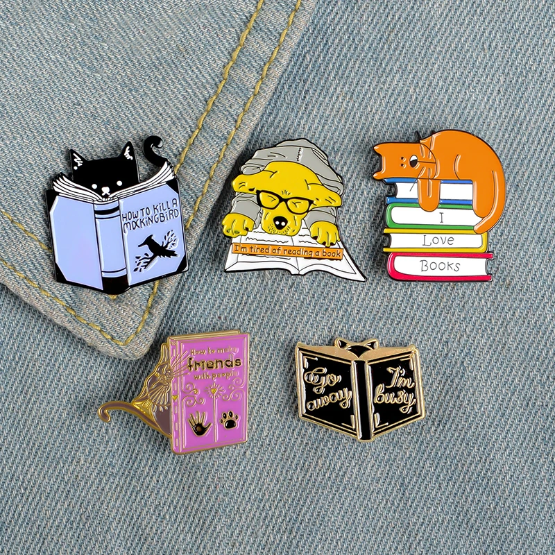 I Love Books Enamel Pin Custom Dog Cat Brooches Bag Clothes Lapel Pin ...