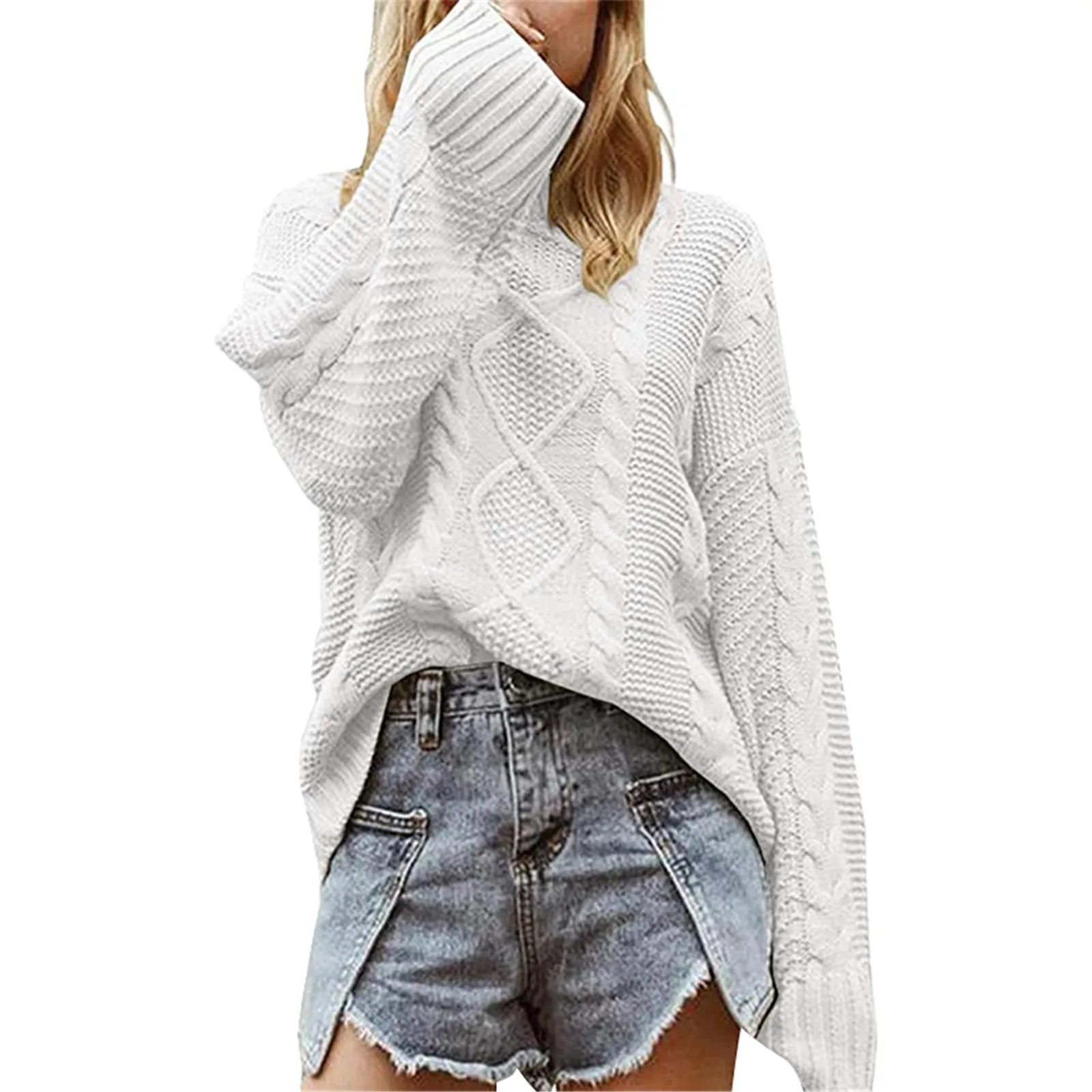 Women-s-Solid-Color-Crewneck-Long-Sleeved-Sweater-Turtleneck-Sweater ...