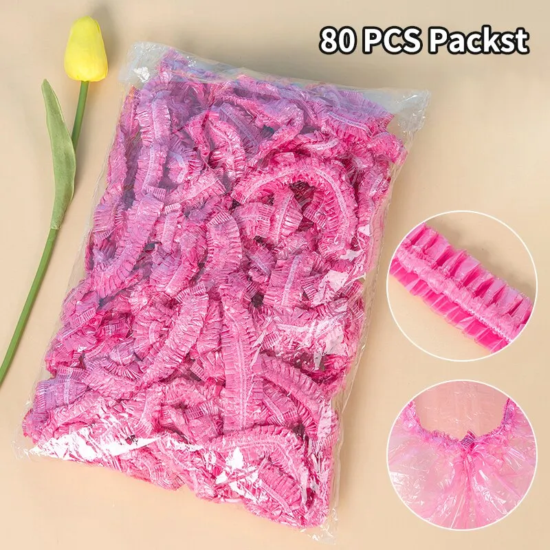 80pcs-Shower-Cap-Head-Cover-Elastic-Plastic-Thickened-Pink-Round-Cover ...