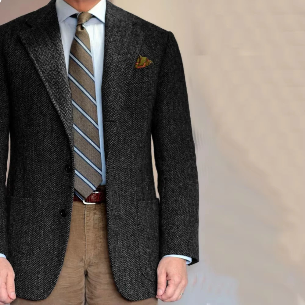 Dark Gray Business Suits Blazer Men Herringbone Notch Lapel Tuxedo ...