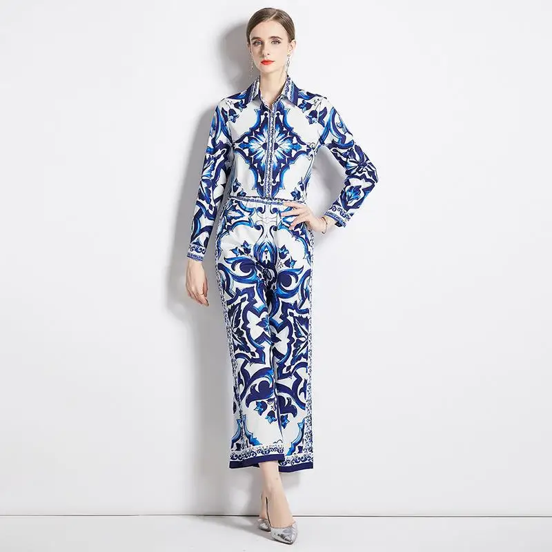 Fall Outfits Women Fashion Runway Blue And White Porcelain Printed ...