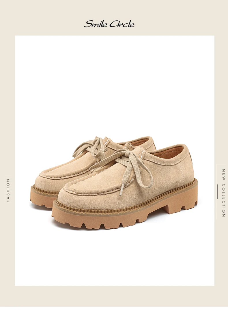 Smile Circle zapatos gruesos de ante de vaca para mujer, zapatos planos informales con cordones ...