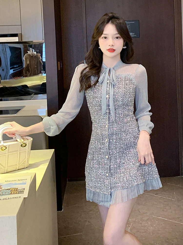Spring Summer Fashion Chiffon Lantern Sleeve Patchwork Tweed Mini Dress ...