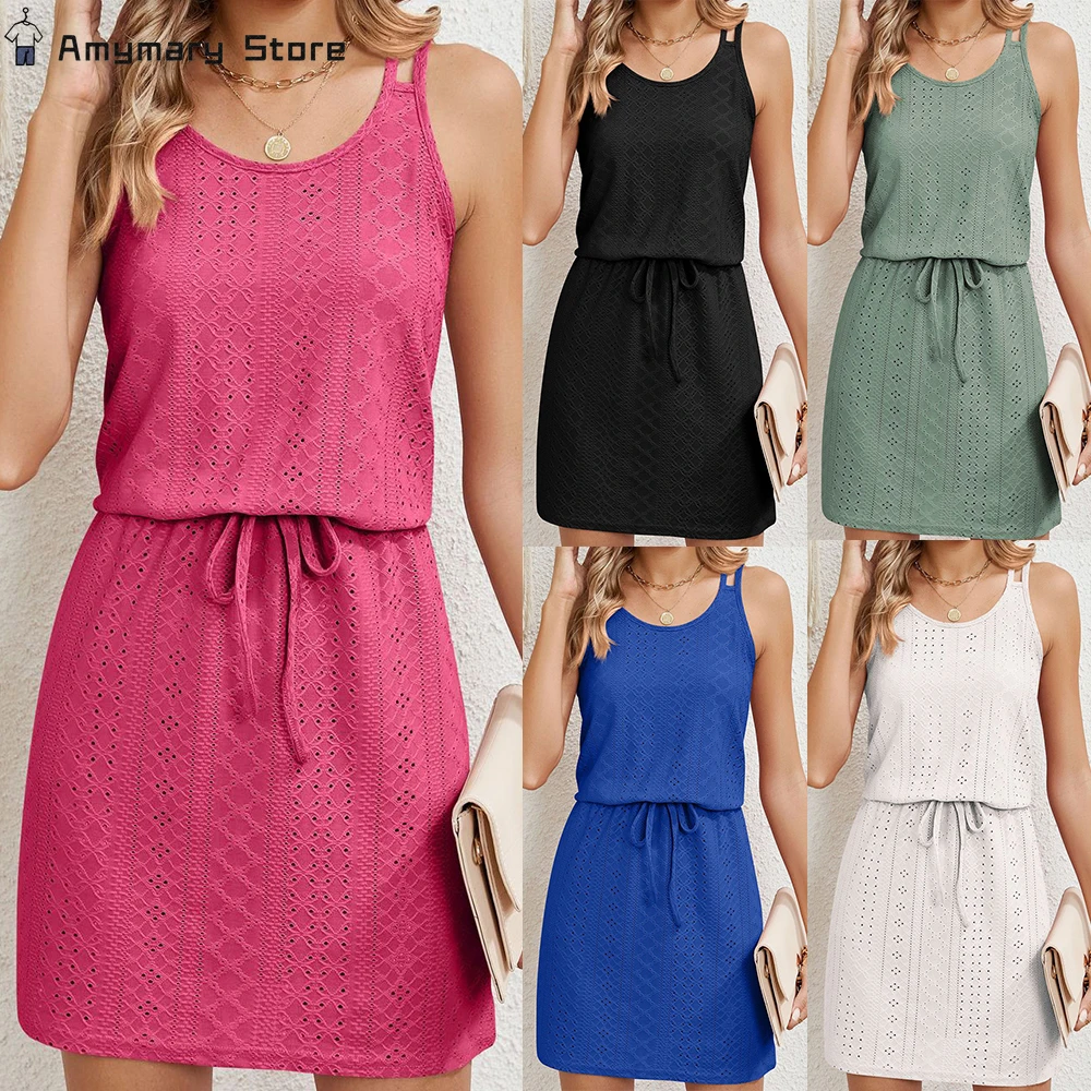 New-Women-s-Drawstring-Waist-Mini-Dress-Solid-Color-Hollow-O-neck ...