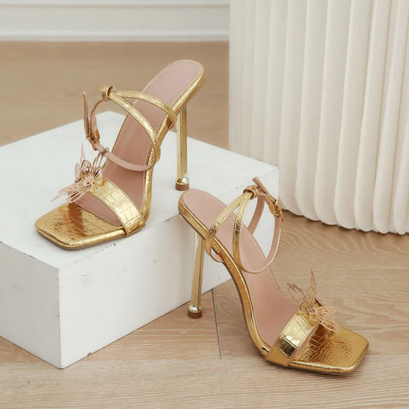 Sandálias de salto alto borboleta dourada para mulheres, sandálias de tornozelo, stiletto sexy ...