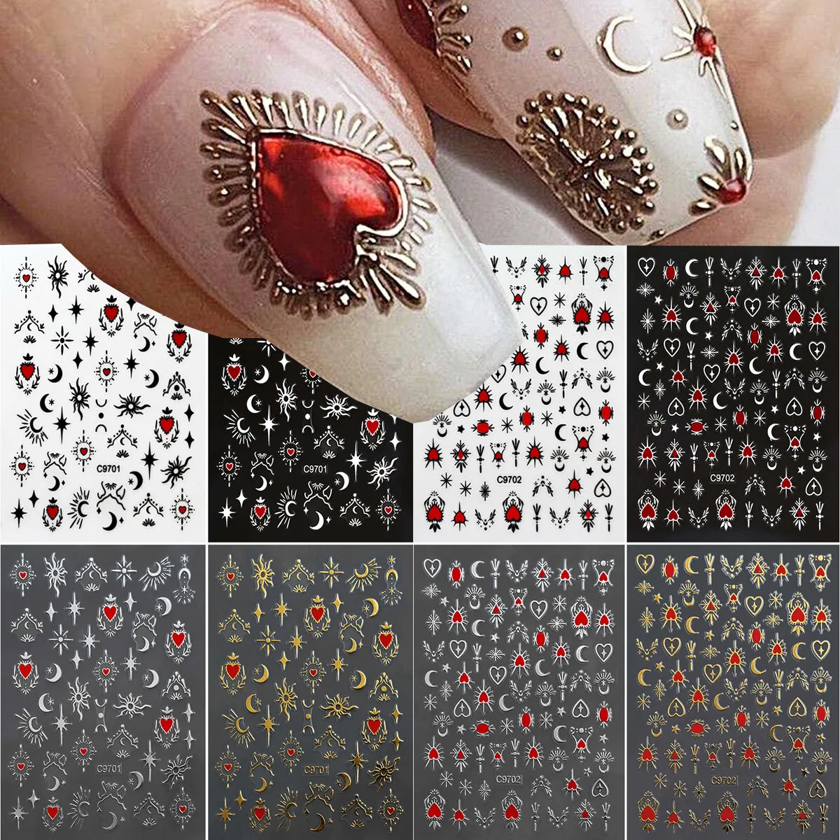 8Pcs Red Heart Nail Stickers 3D Bronzing Silver Gold Heart Shape Star ...