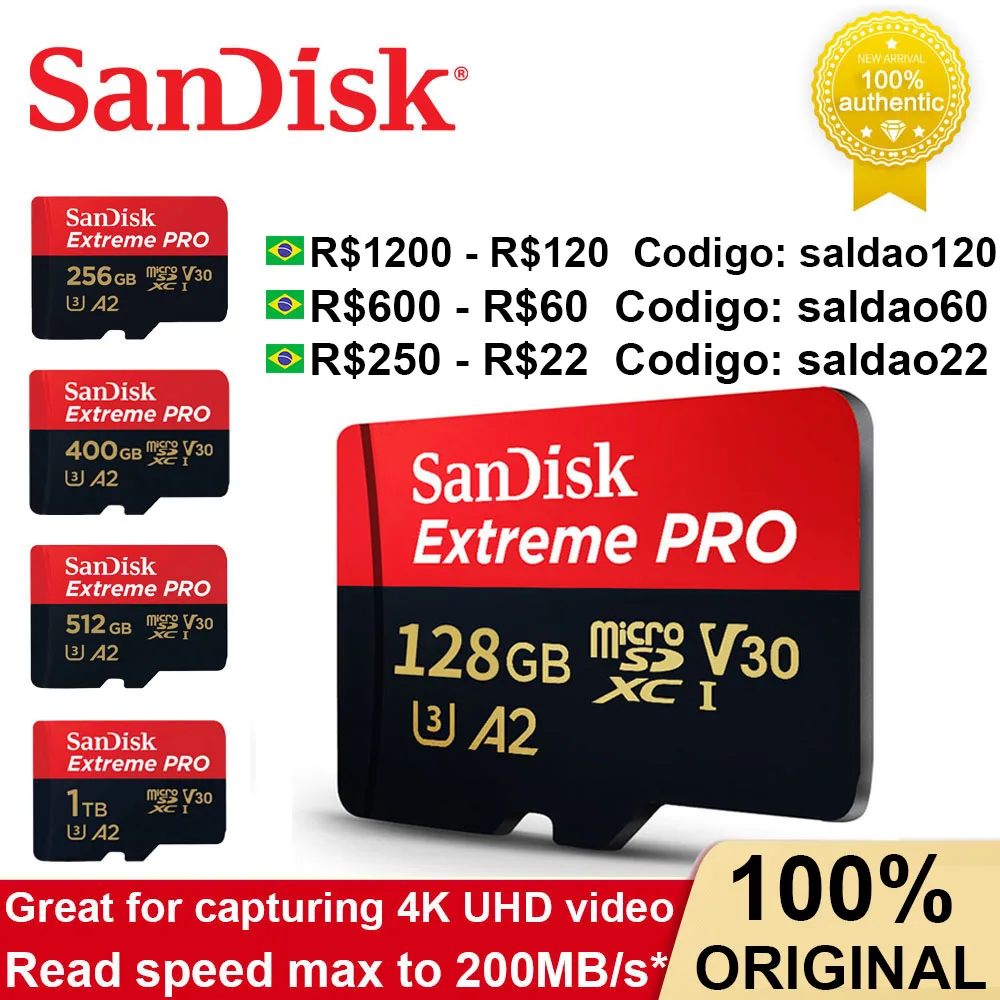 Sandisk extreme pro flash 128gb cartão micro sd sdxc UHS I 400gb 256gb 64gb u3 v30 tf cartão ...