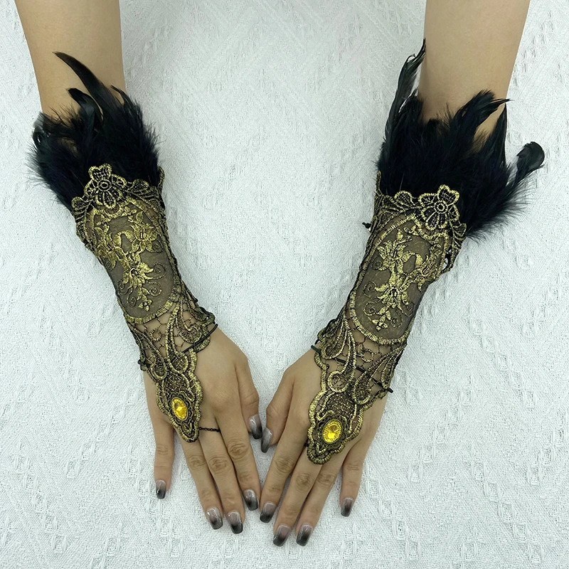Natural Feather Gold Lace Long Gloves Women Party Sexy Fingerless ...