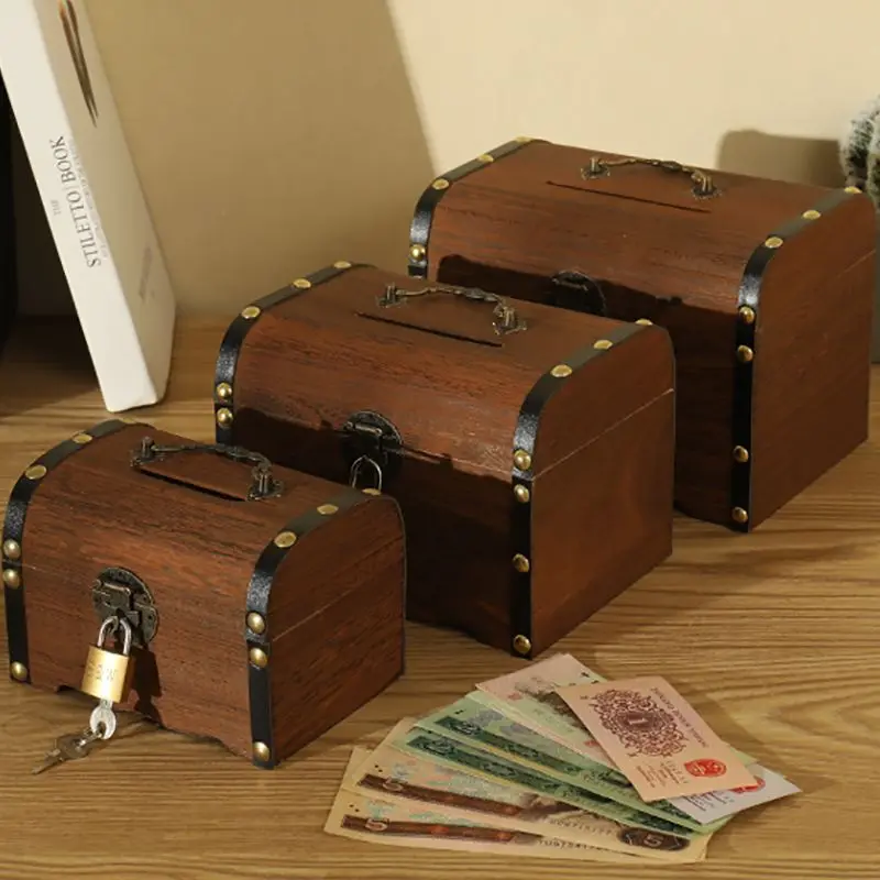1PC Wooden Retro Treasure Chest Piggy Bank Decorative Box With Lock ...