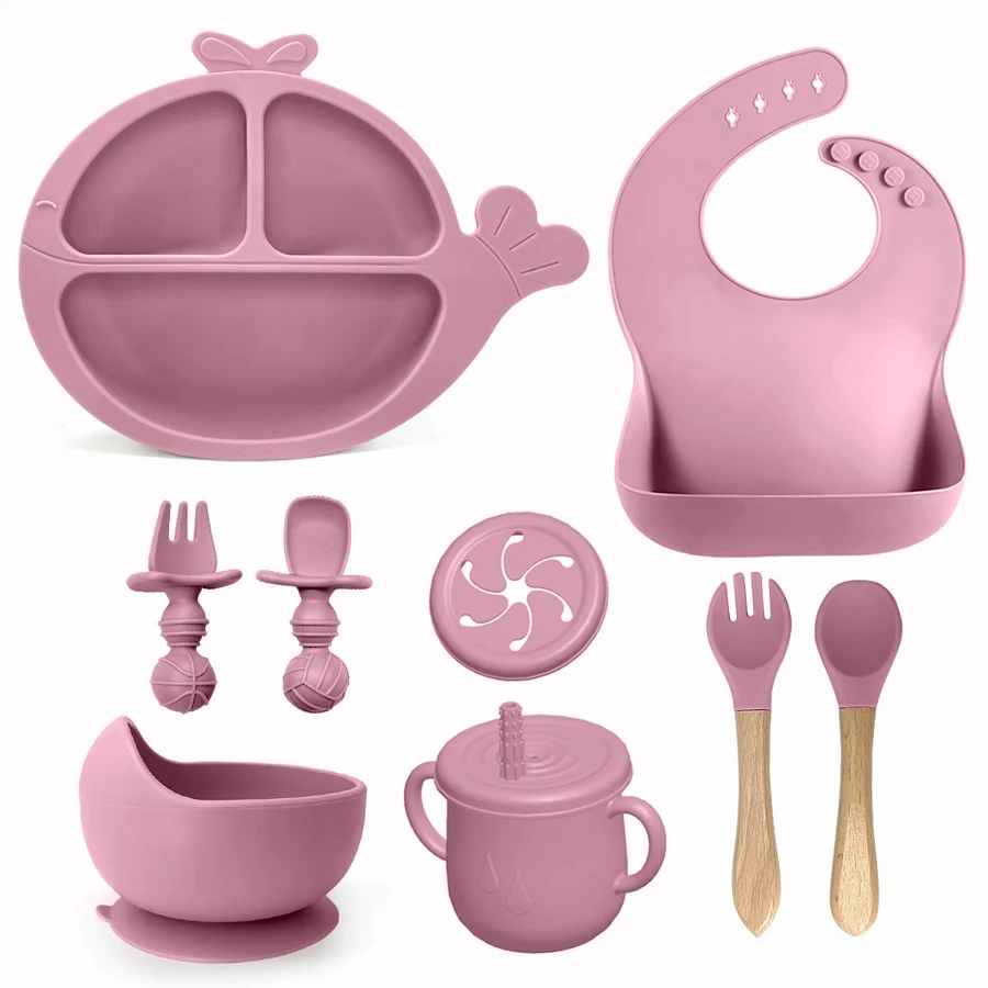 8Pcs-Silicone-Children-s-Tableware-Infant-Solid-Color-Baby-Feeding-Set ...