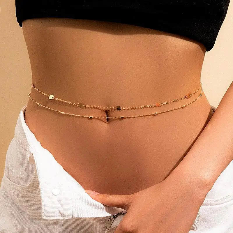 국경 섹시한 더블 레이어 기하학 웨이퍼 금속 체인 허리 체인 여성의 유럽과 미국의 거리 스냅 패션 Stitchi