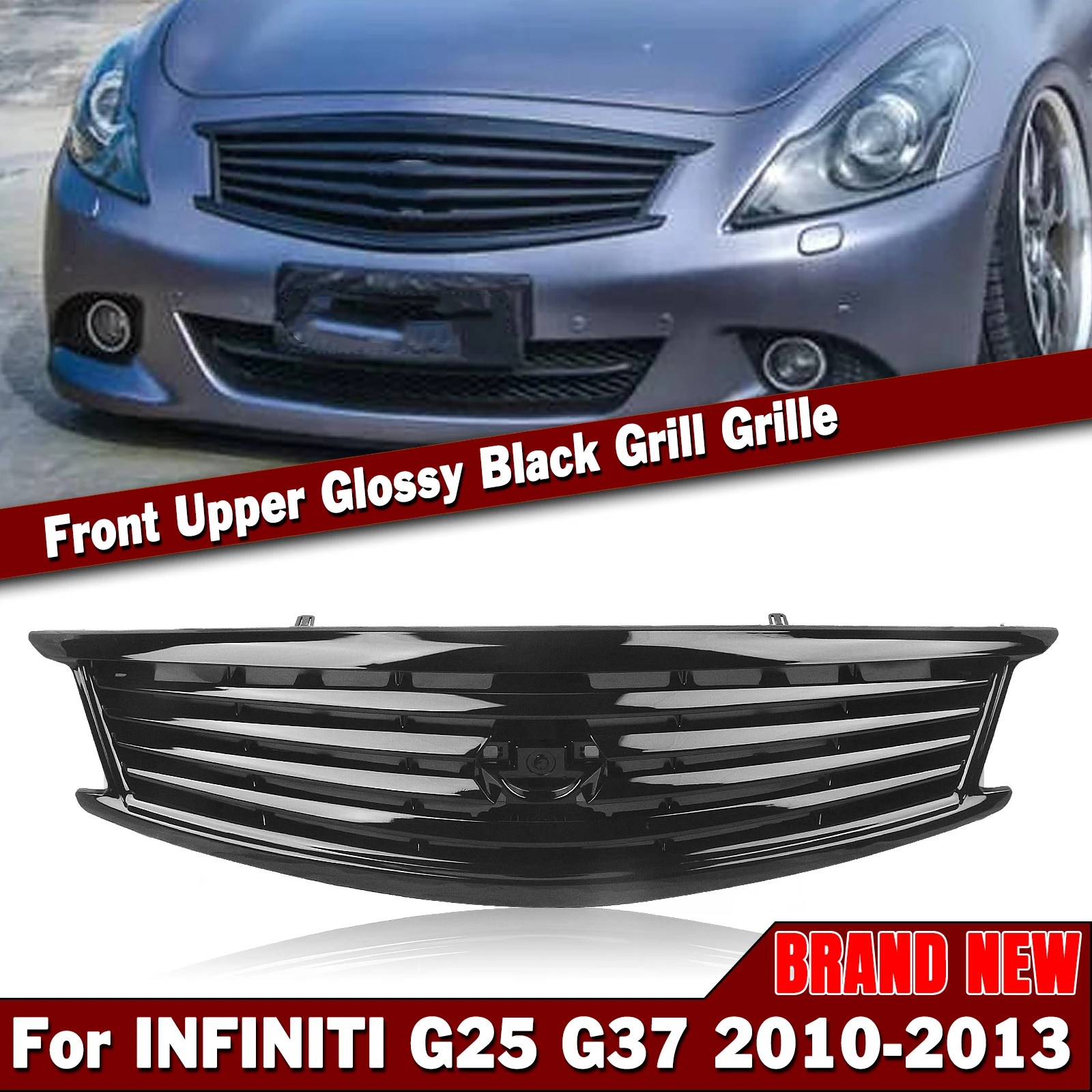 For Infiniti G25 G37 4 Door Sedan 2010-2013 Gloss Black Front Grille Racing Grill Upper Hood ...