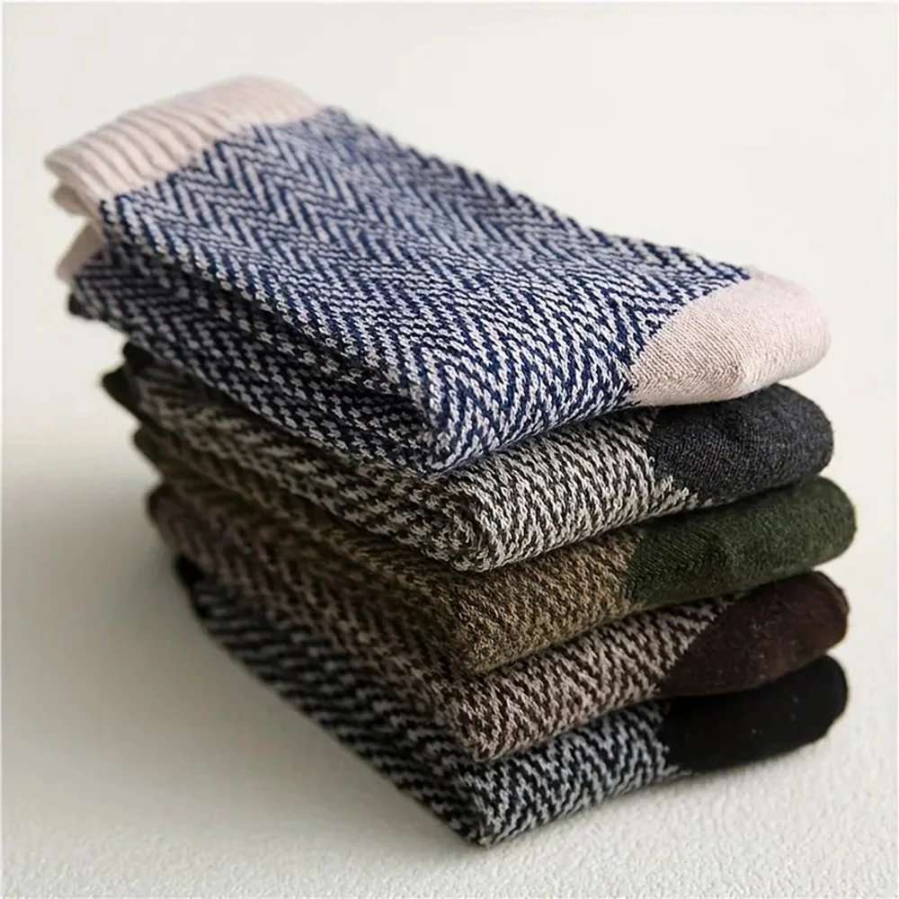 5 Pairs Men Retro Round Neck Socks Autumn Winter Thick Warm Wave Print ...