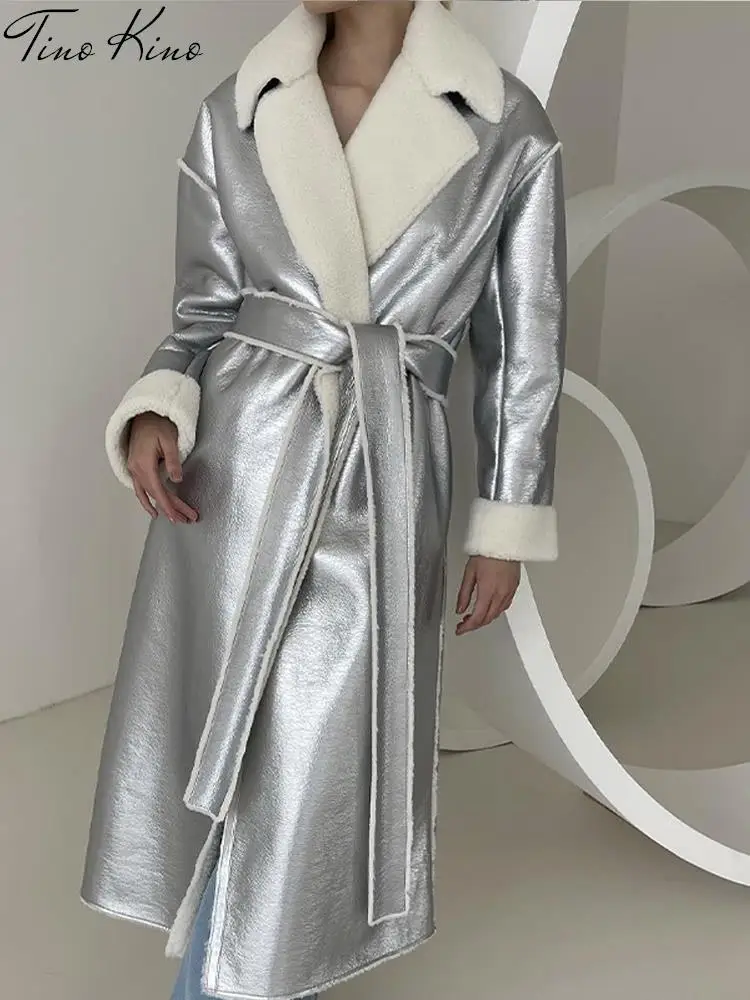 Winter-Thicken-Overcoat-For-Women-Silver-Lace-Up-Long-Sleeve-Turndown ...