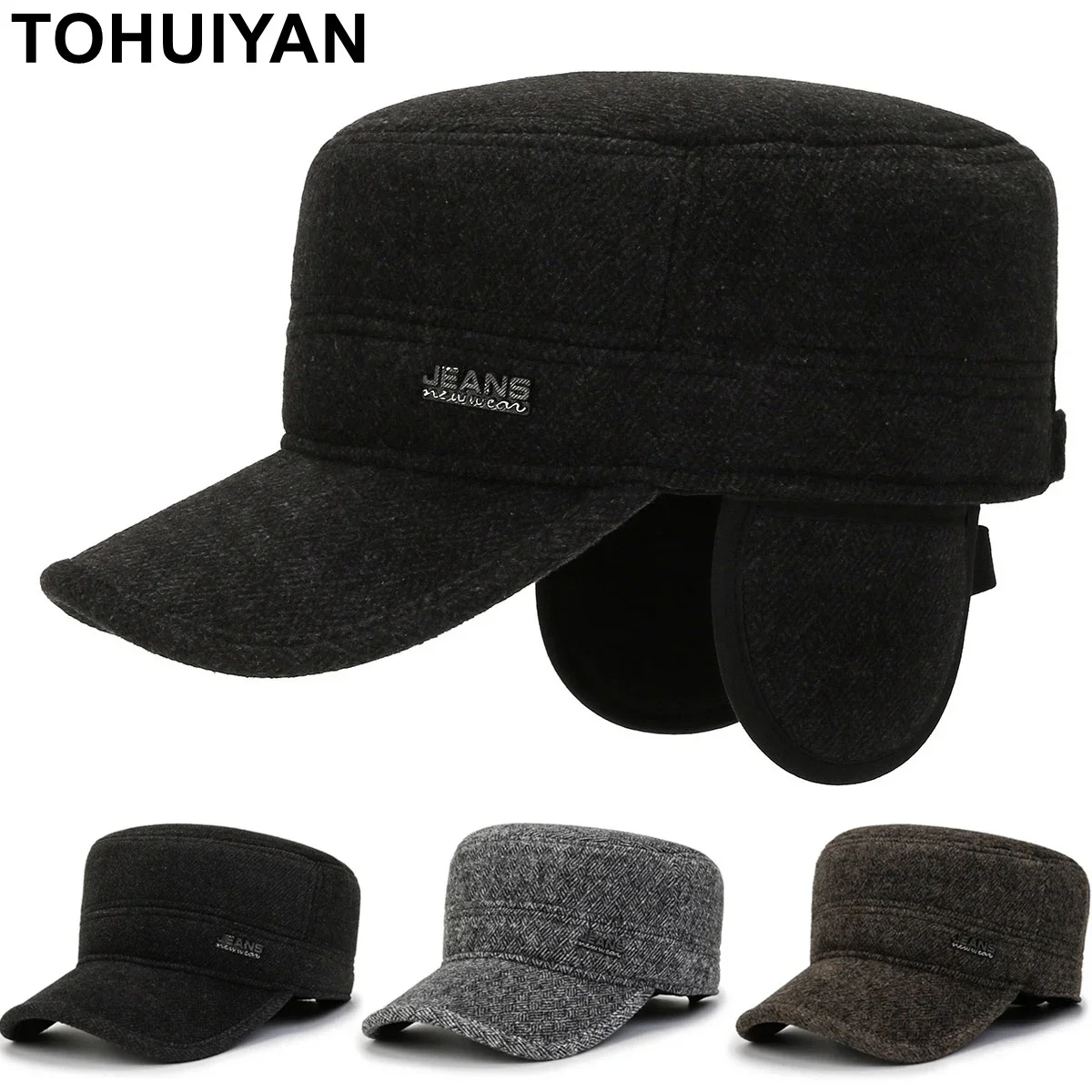 TOHUIYAN-Warm-Plush-Military-Hat-for-Men-Winter-Thicken-Earmuff-Cap-Outdoor-Ears-Protected-Cadet ...