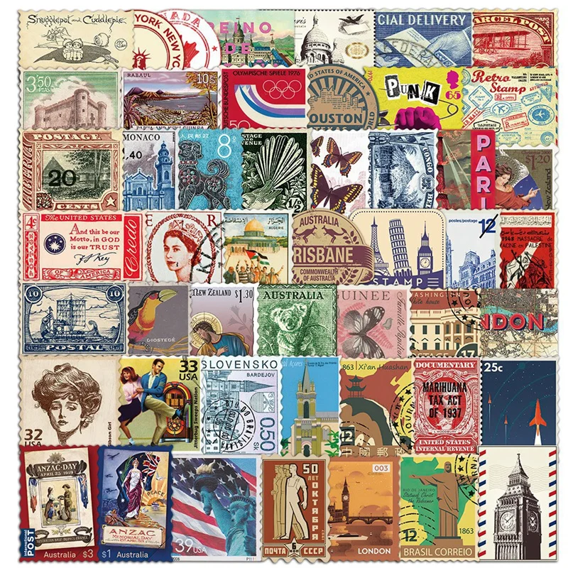 Timbres-poste-vintage-avec-cachet-de-la-poste-autocollants-de-voyage ...