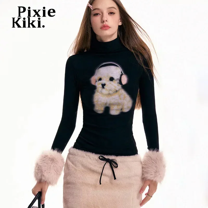 PixieKiki-Y2k-Cutecore-Graphic-T-Shirts-with-Furry-Cuffs-Black-Long ...