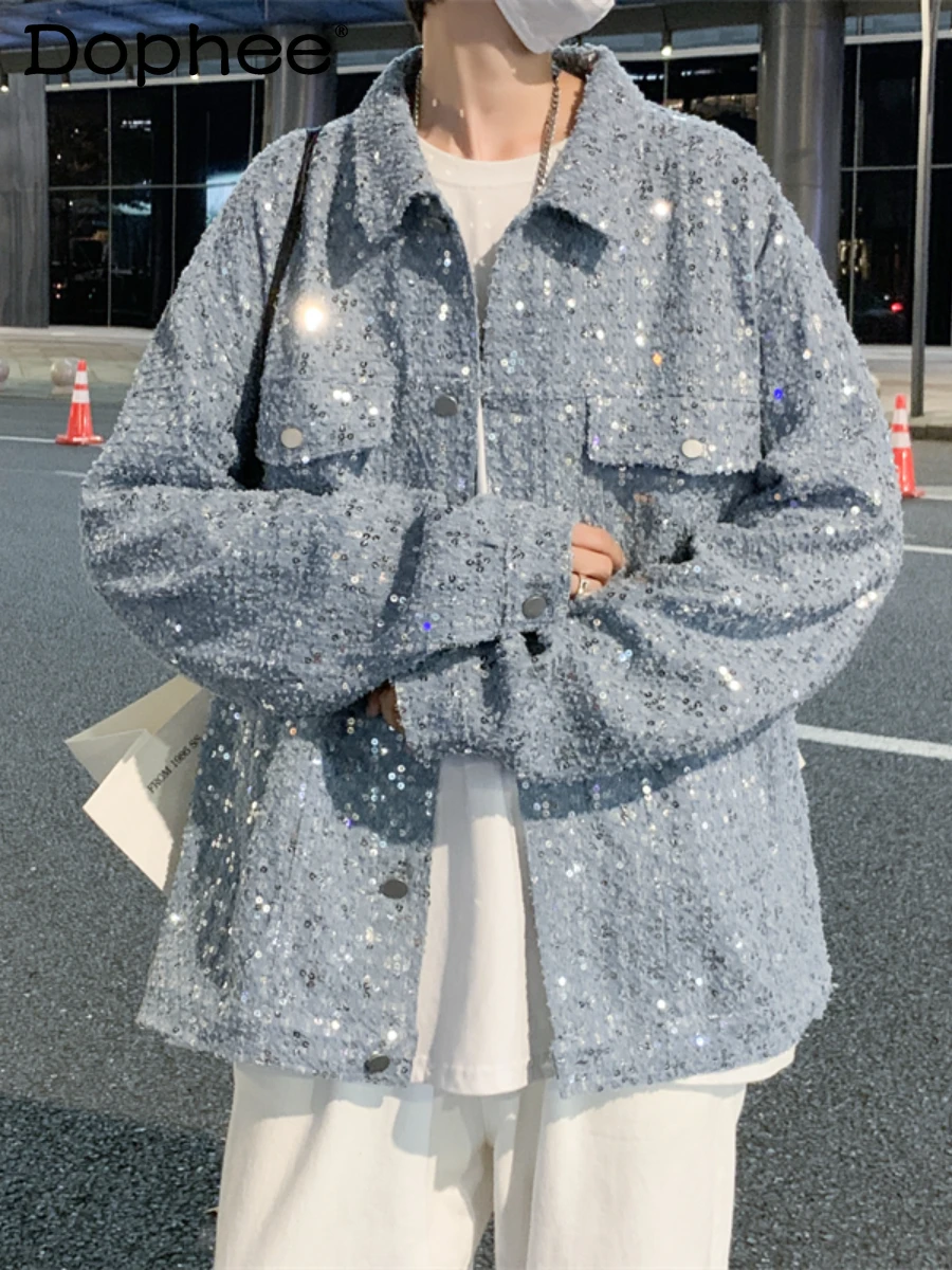 Fashionable-Sequins-Solid-Color-Denim-Coats-Men-s-Spring-Autumn-High ...