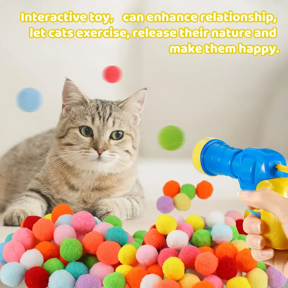 Pom Poms Cat Toy Balls Set With Launcher - 30 Pom Pom Balls & Fetch Toy ...