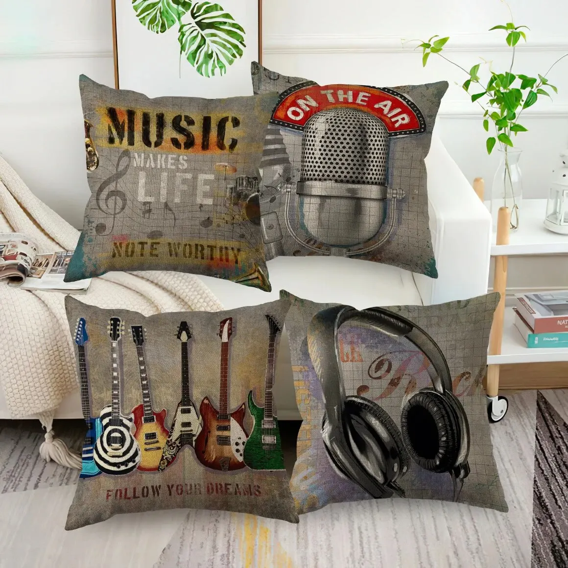 Music Style Throw Pillow Cover Guitar Microphone Headphone Theme ...