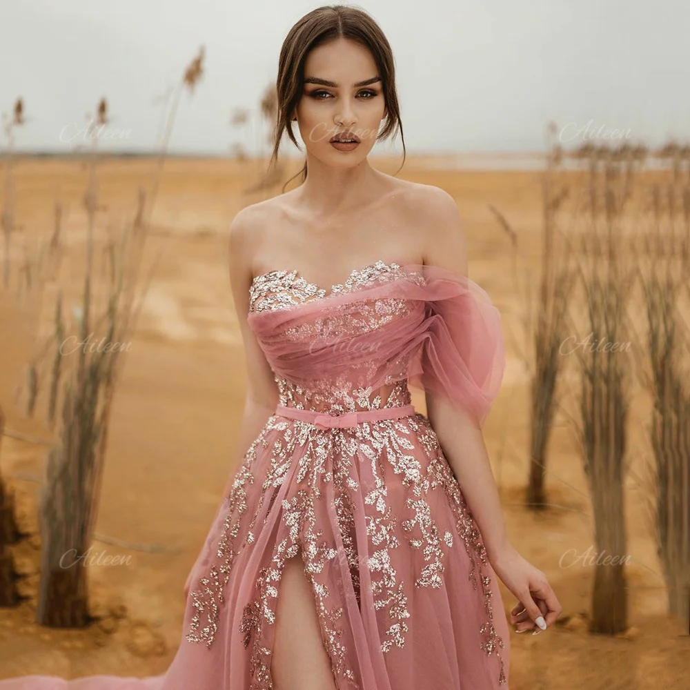 Shiny A-line Beads Sweetheart Pink Robe Soiree Prom Dress Women Elegant ...