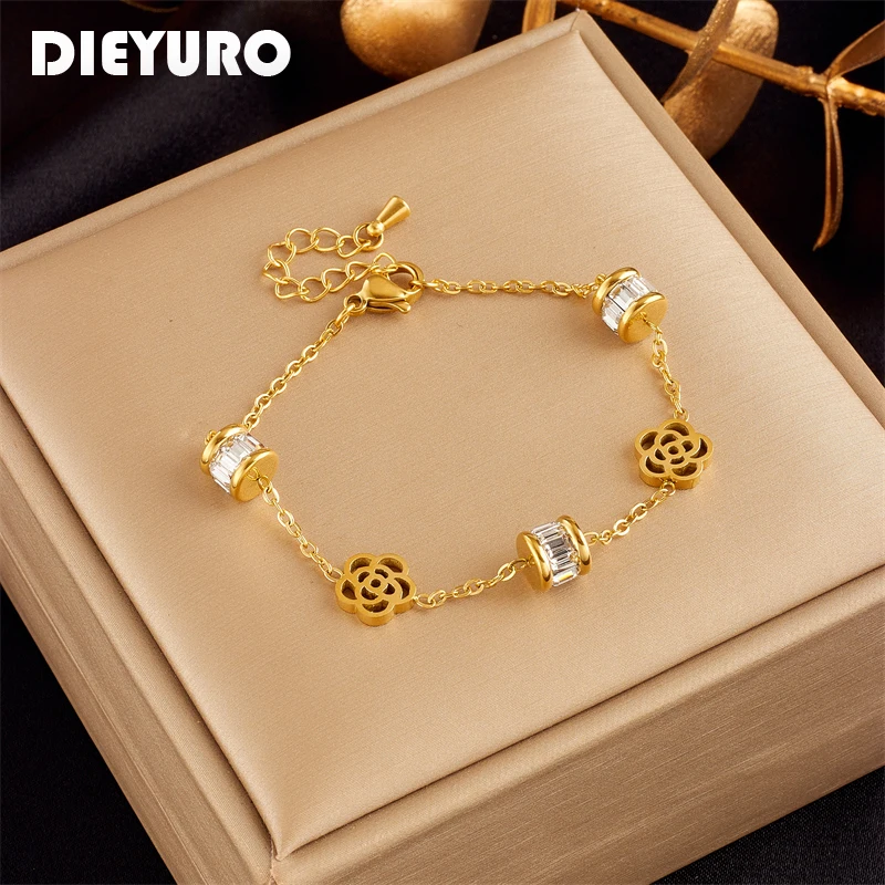 DIEYURO 316L Stainless Steel Gold Color Flower Zircon Charm Bracelet For Women New Fashion ...