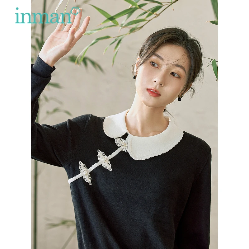 INMAN-Pull à Manches sulfen Dentelle pour Femme, Tricot à Revers, Style ...