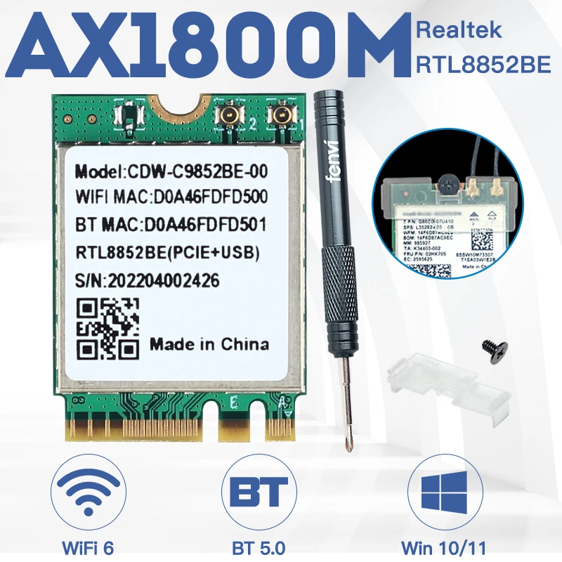 Wifi 6 Network Card 1800mbps Realtek Rtl8852be Bt 5.0 Dual Band ...
