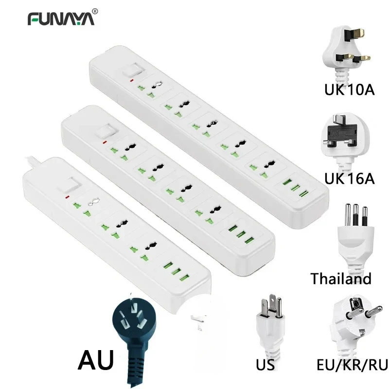 Power Strip Sockets with 3 USB Universal 10A US EU UK AU Office Multi ...