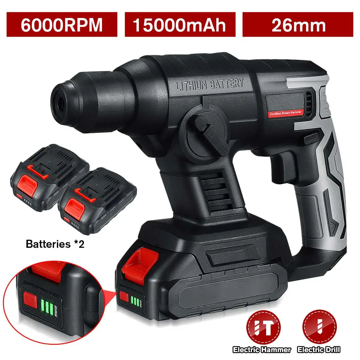 15000mAh 6000RPM 26mm Electric Rotary Hammer Rechargeable Cordless ...