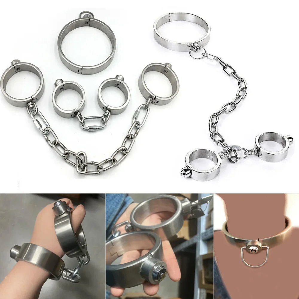 Heavy-Duty-Stainless-Steel-Handcuffs-Ankle-Cuffs-Shackle-Neck-Collar-Slave-Adult-SM-Press-Lock ...
