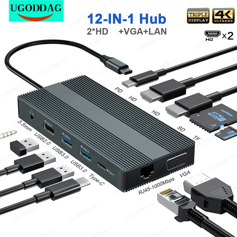 듀얼 모니터 Usb C 허브 트리플 디스플레이 도킹 스테이션 Hdmi 호환 Vga 기가비트 이더넷 C타입 Pd Sdtf 어댑터 2 개 포함 35mm