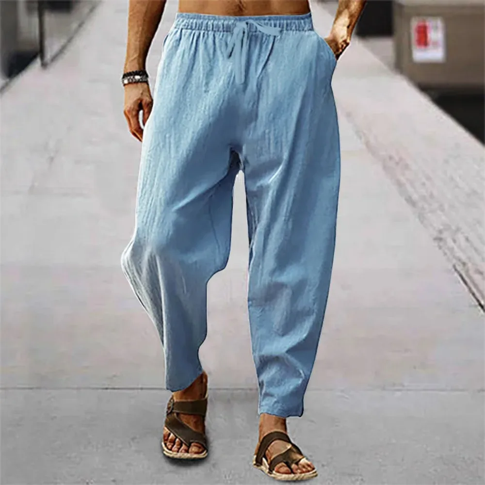 Summer New Men's Breathable Pants Cotton and Linen Male Solid Color ...