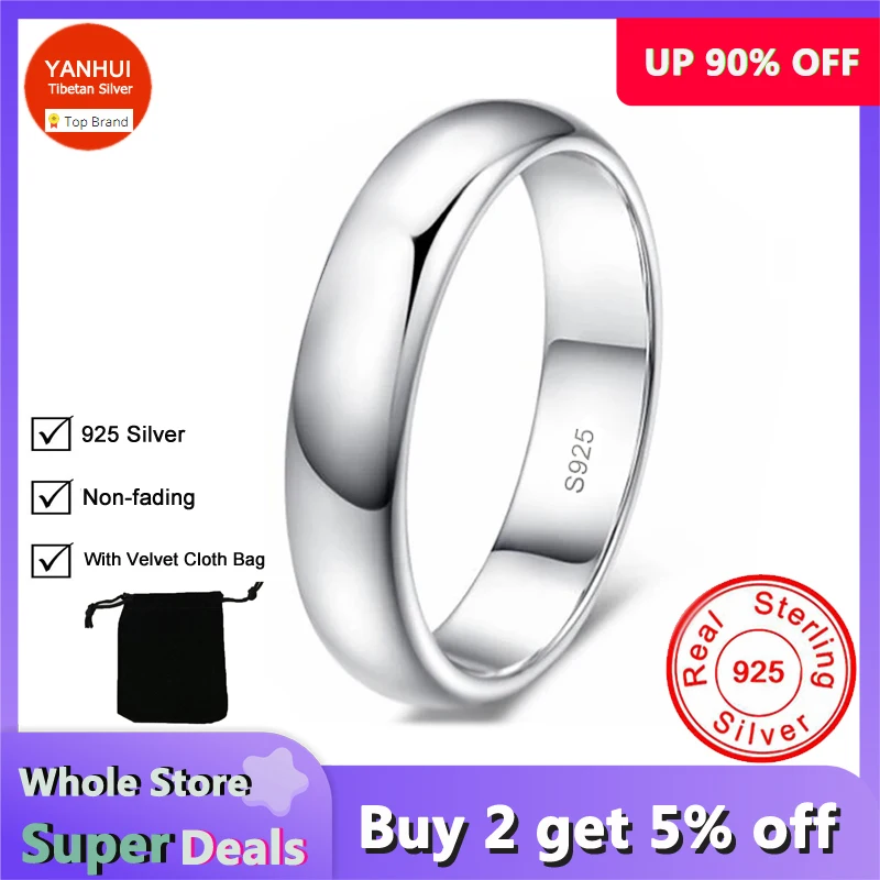 Non-fading Certified 925 Silver Ring Simple 4mm Smooth Wedding Band ...
