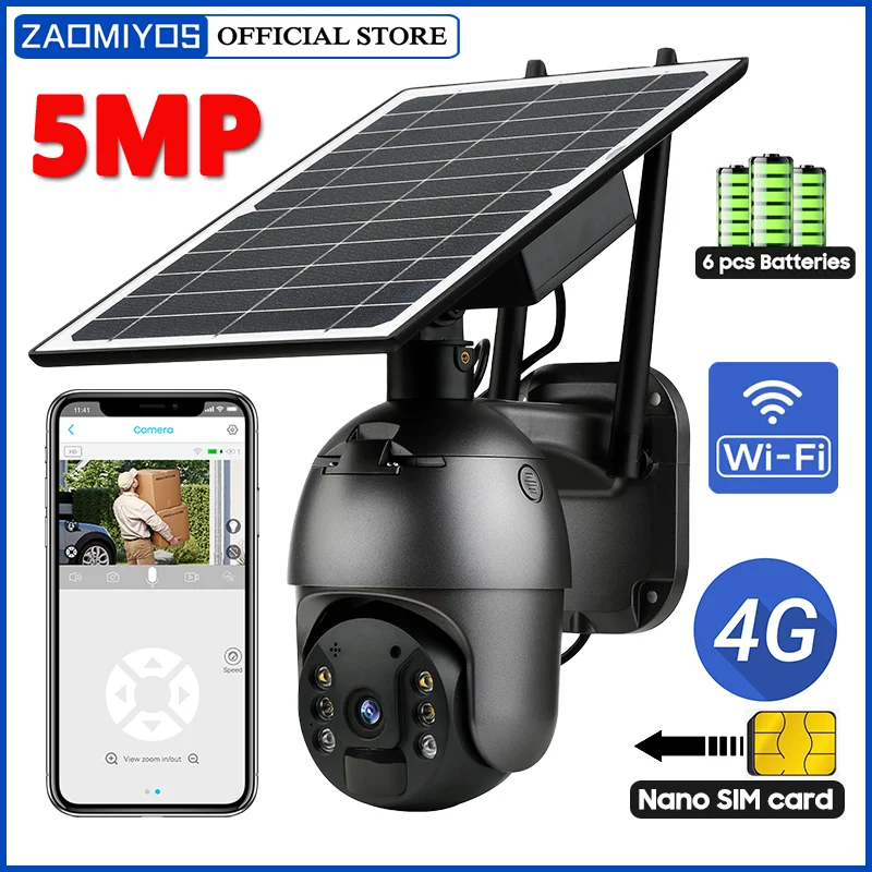 Caméra de surveillance extérieure solaire PTZ IP WiFi HD 5MP/4G 8W, dispositif de sécurité sans ...