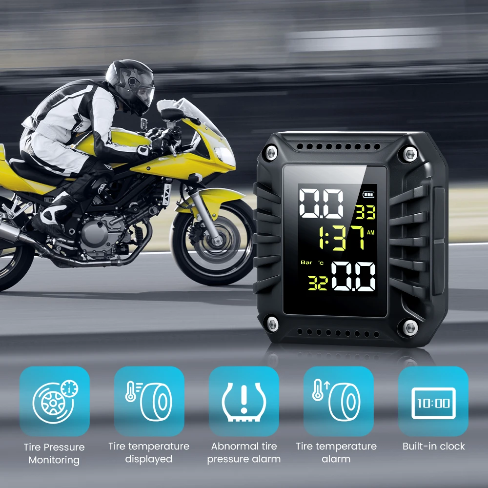 Wireless Motorcycle TPMS 2 External Sensors Motorbike Tire Pressure ...