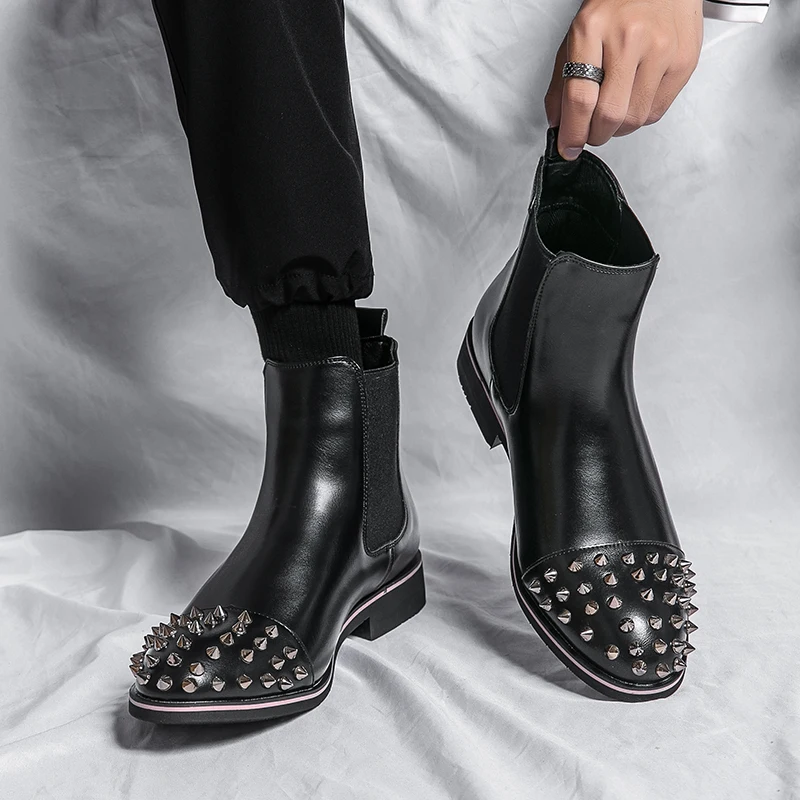Fashion Men Chelsea Boots Rivets Black Punk Handmade Men's Boots Non ...