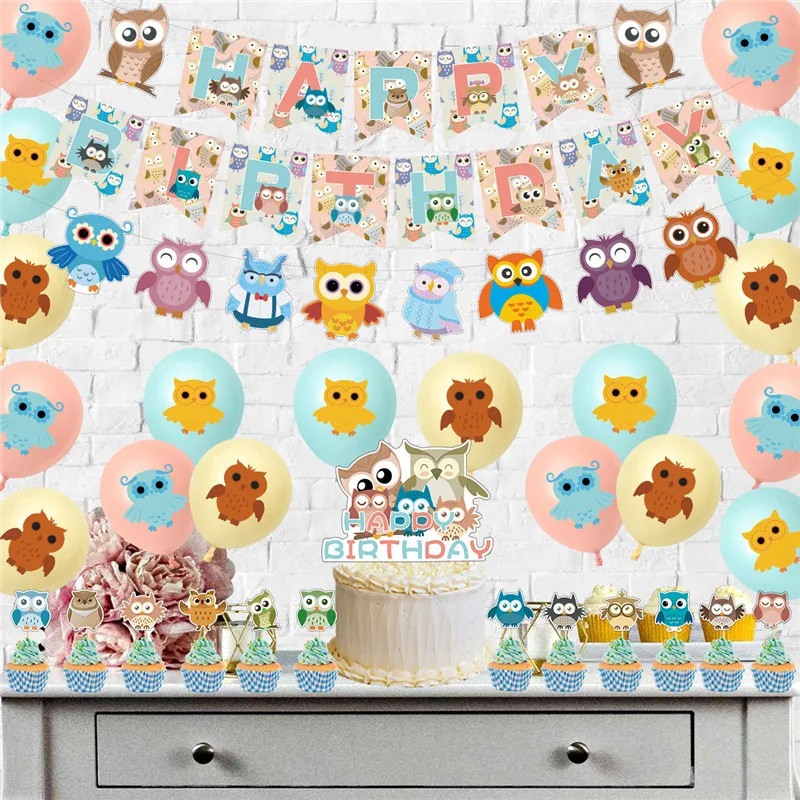 Cartoon Owl Theme Birthday Party Decoration Colorful Banner Cute Animal ...