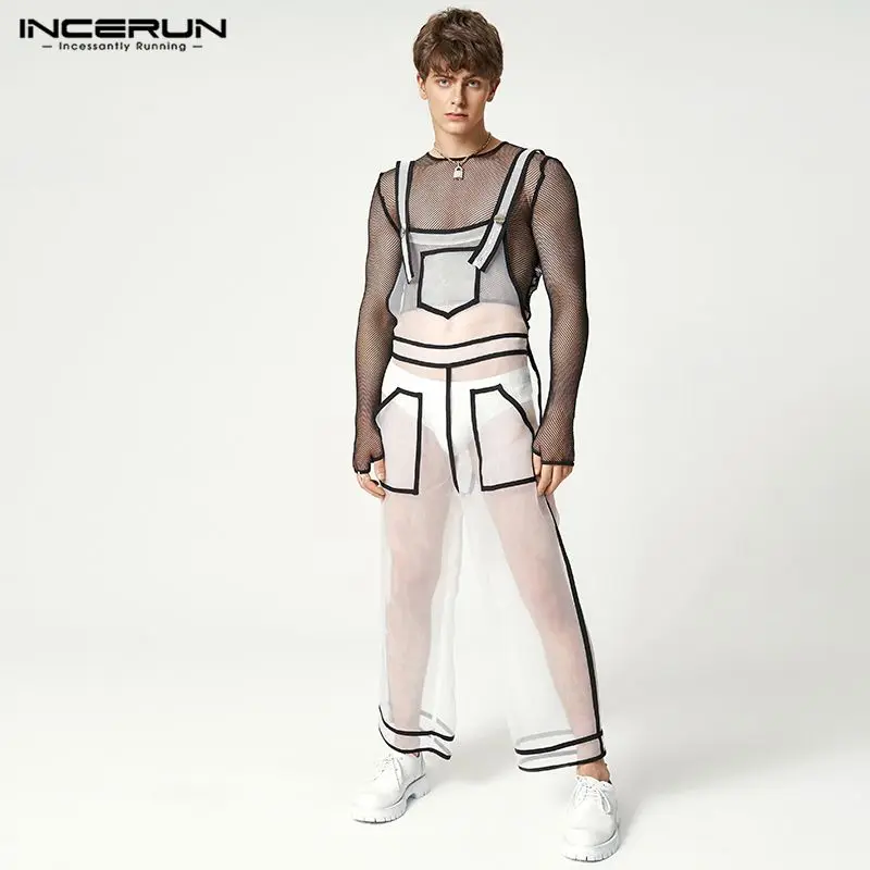 INCERUN-Men-Jumpsuits-Mesh-See-Through-Sexy-Patchwork-Pockets ...