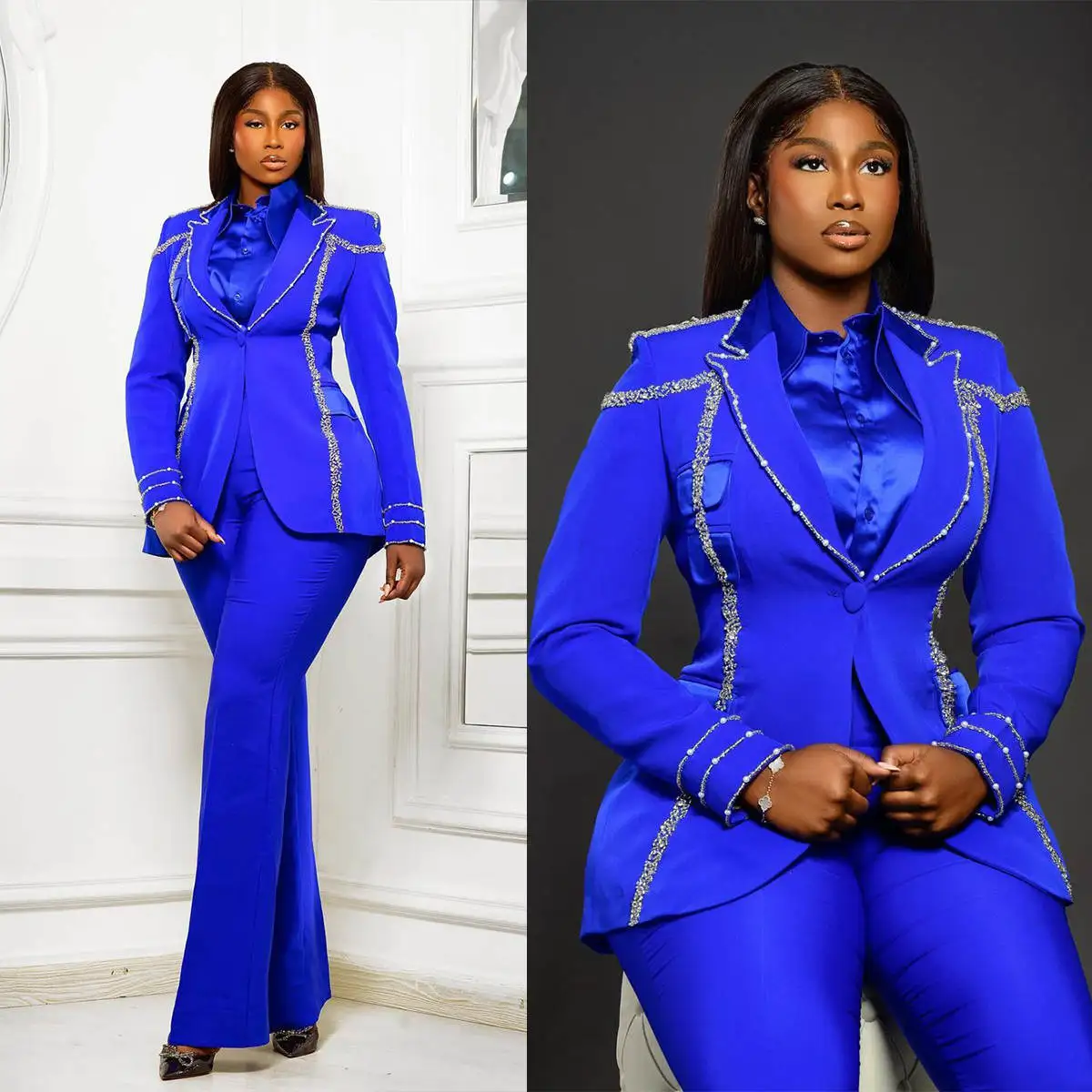 Sparkling Royal Blue Women Suits Outfits 2 Pieces Set Luxury Beaded ...