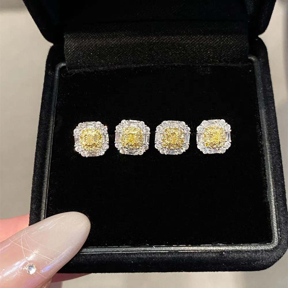 UBESTNICE-Real-18K-Solid-White-Gold-Jewelry-AU750-Natural-Yellow-Diamonds-Square-Sugar-Cube-Stud ...