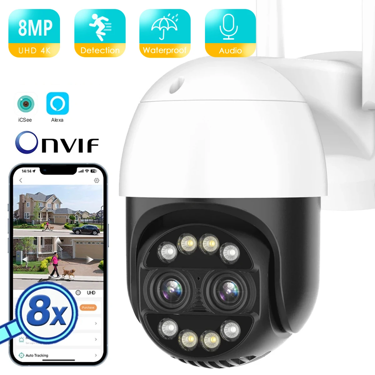 8MP 4K PTZ IP Camera 8x Hybrid Zoom 2.8+12mm Dual Lens WiFi Camera Auto ...