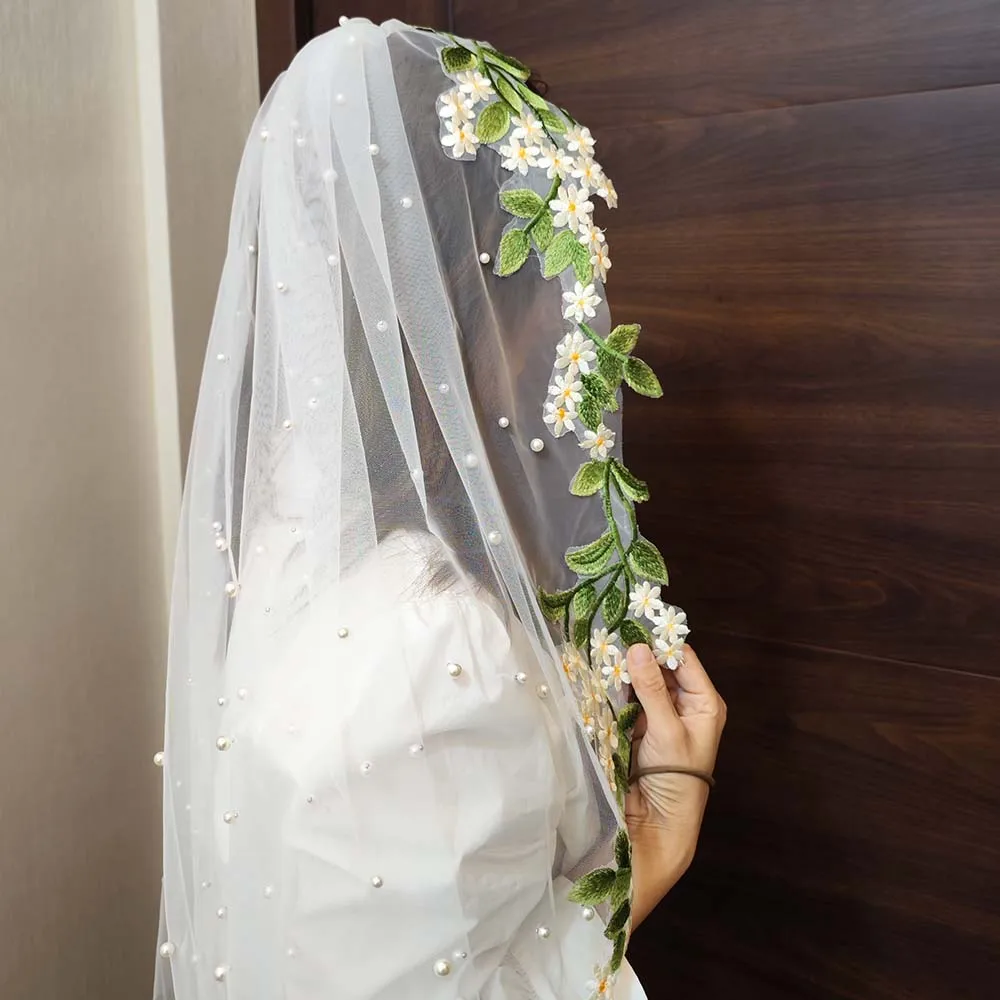 Pearls-Wedding-Veil-with-Flowers-and-leaves-Partial-Lace-Fairy-Bridal ...